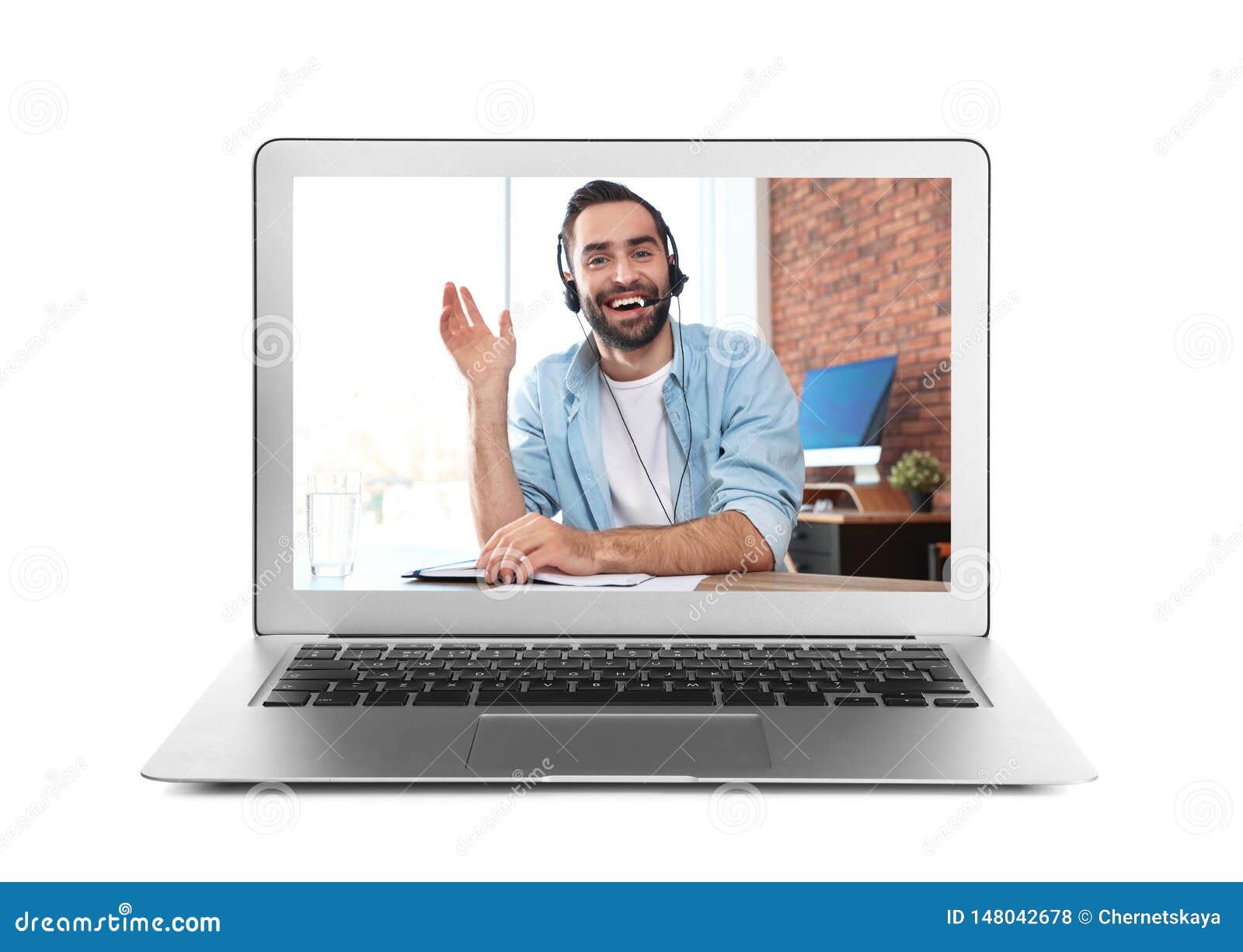 Using Laptop for Video Chat with Man on White Stock Photo - Image of ...