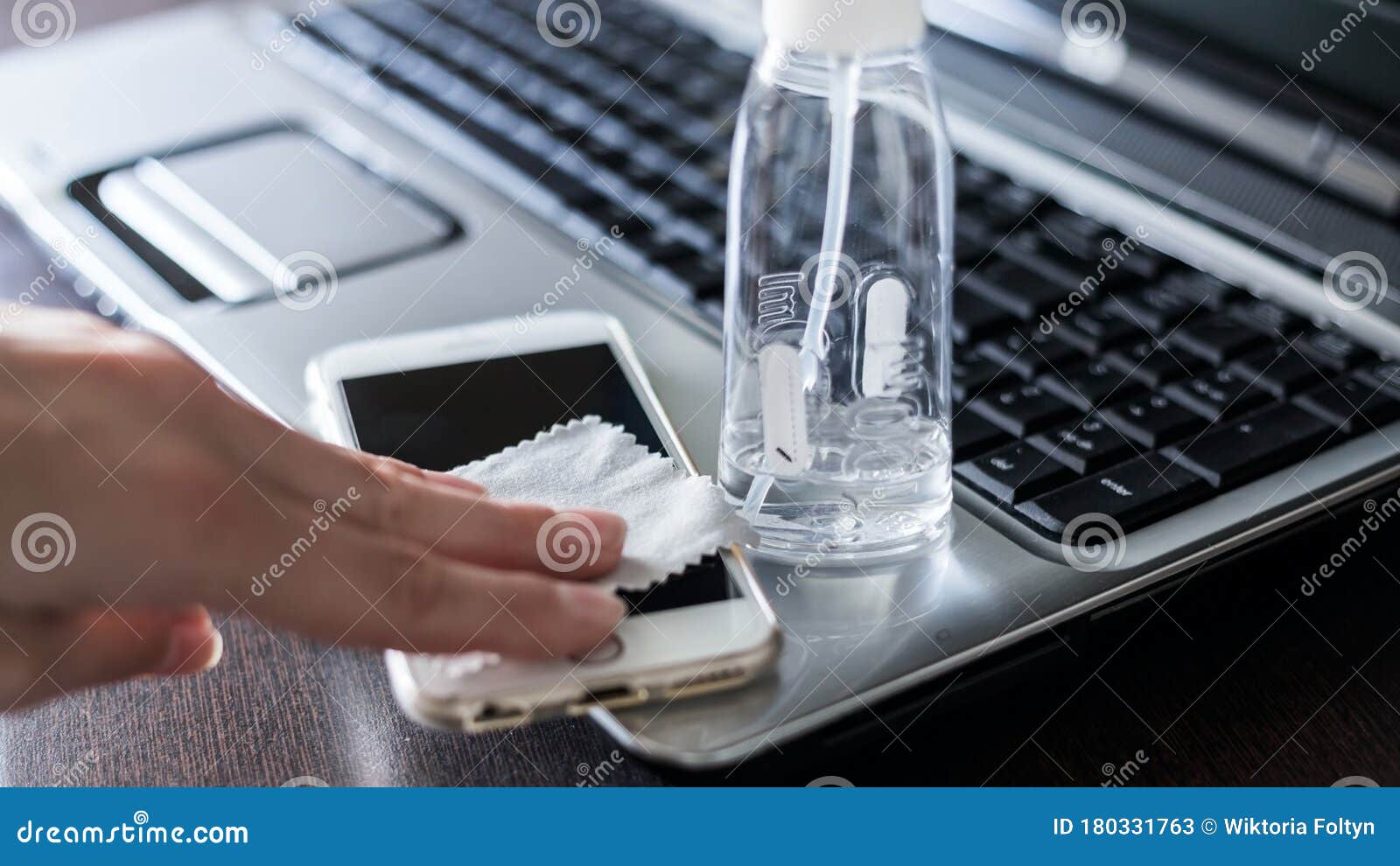 Cleaning Mobile and Computer with Antibacterial Gel Stock Image - Image ...