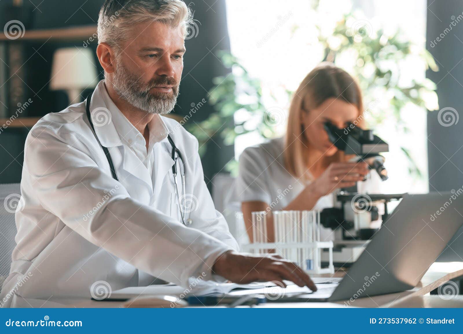 Using Microscope. Two Clinic Workers are Indoors Together Stock Photo ...