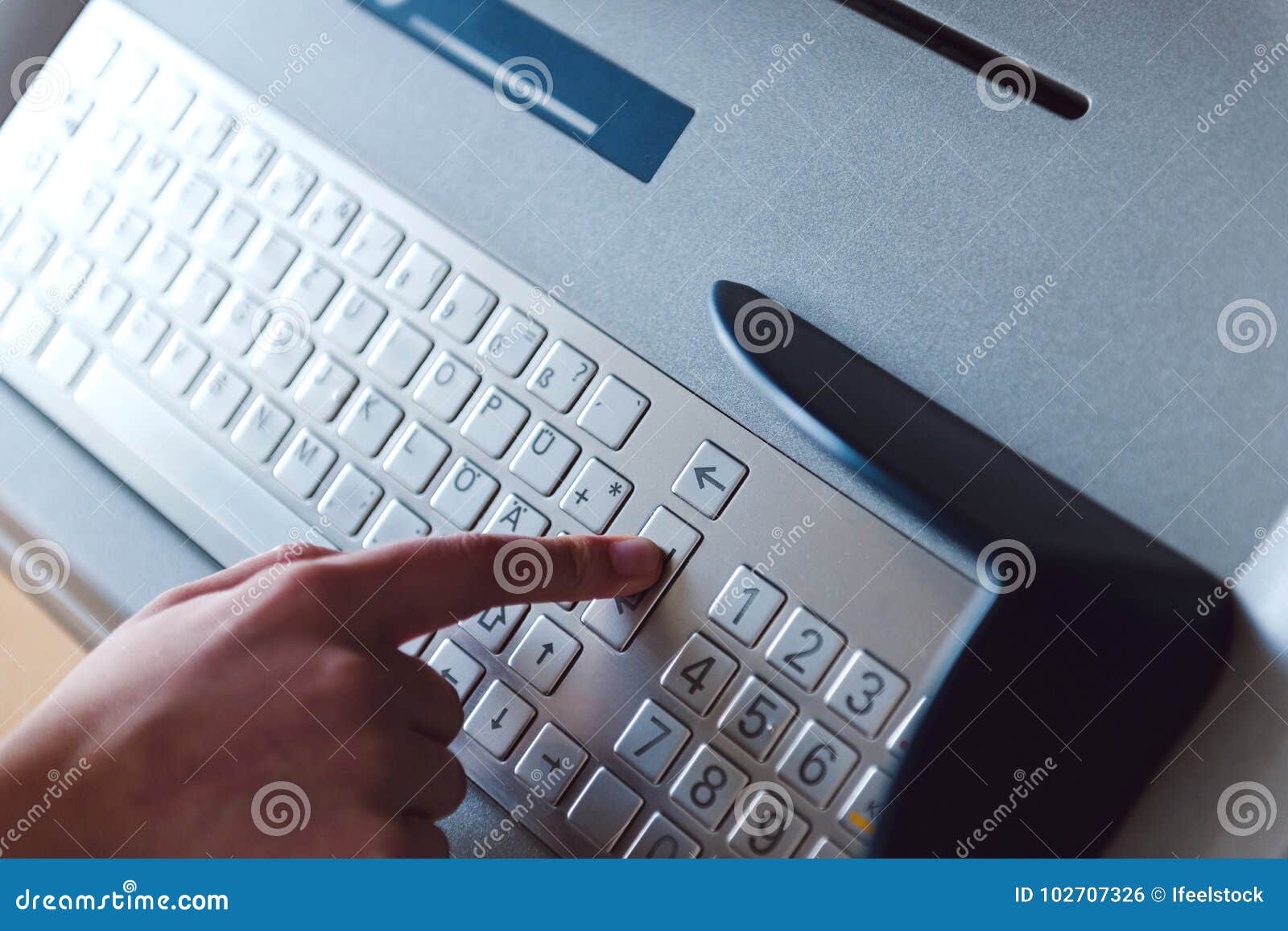 Using modern ATM keyboard stock photo. Image of currency - 102707326