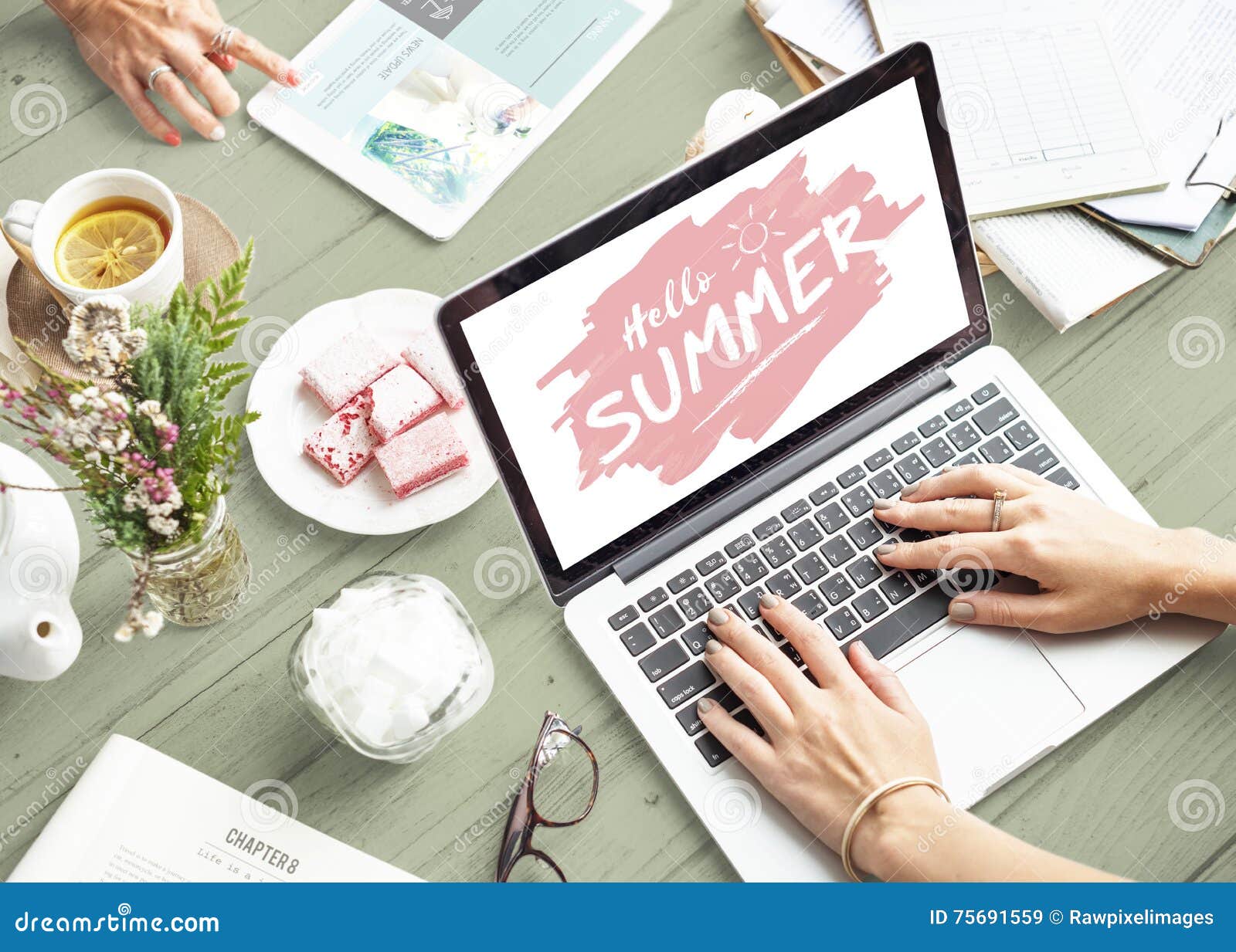 Using Notebook Summer Tea Break Relax Concept Stock Image - Image of ...