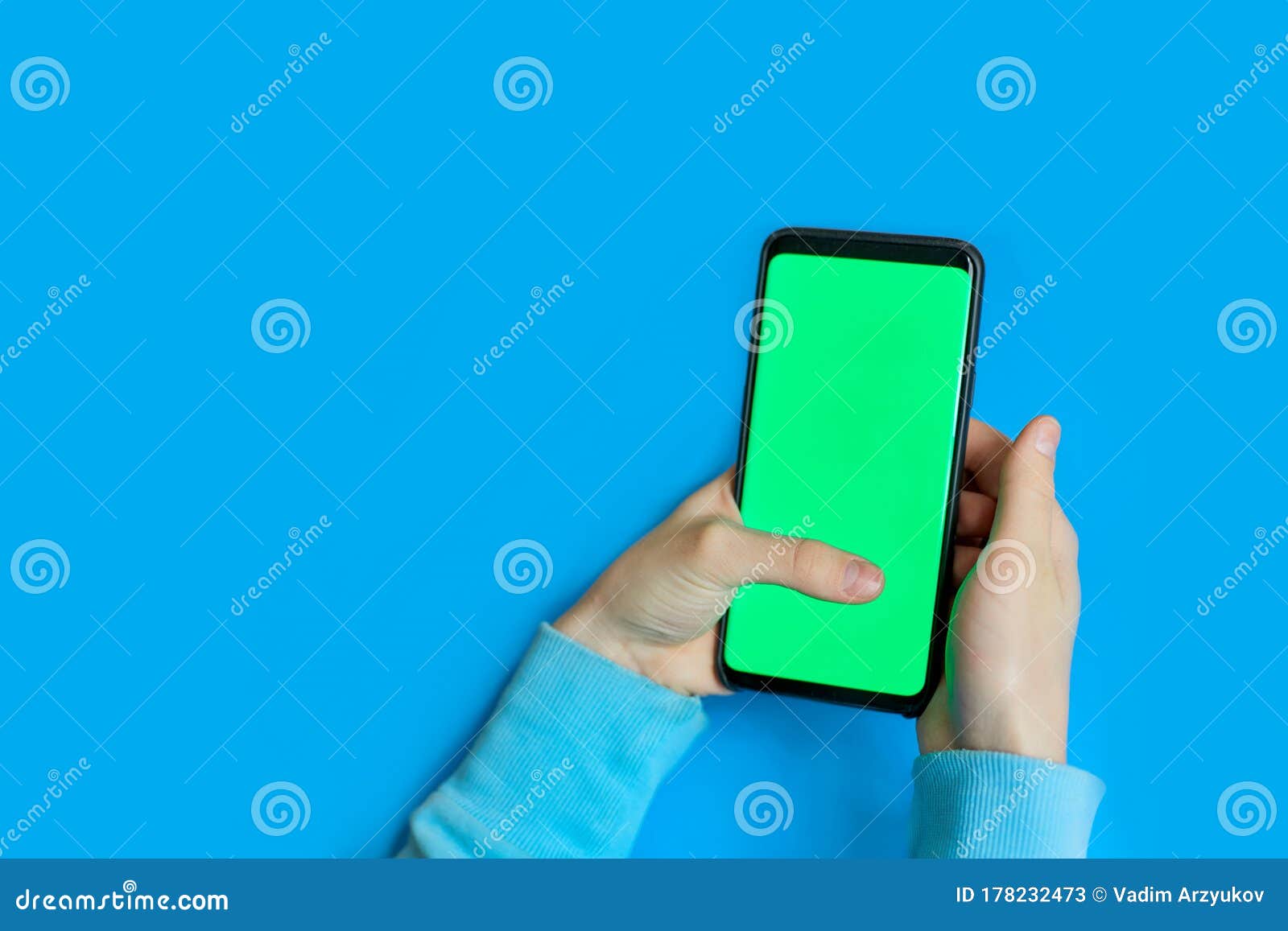 Using Smart Phone with Green Screen. Hands Scrolling Pages, Tapping on ...