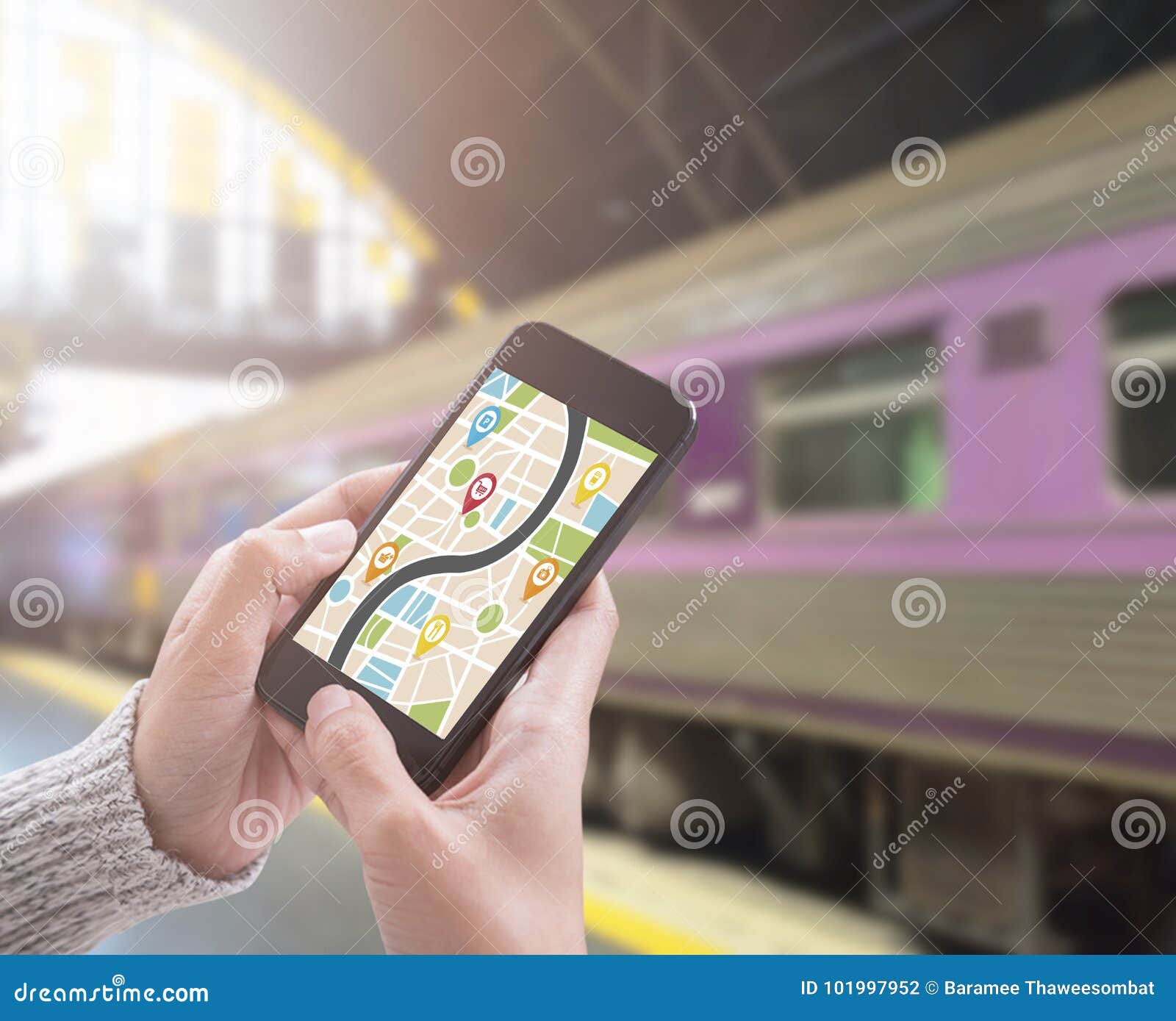 Using Smart Phone with Map Gps Navigation Application. Stock Photo - Image of device, hand ...
