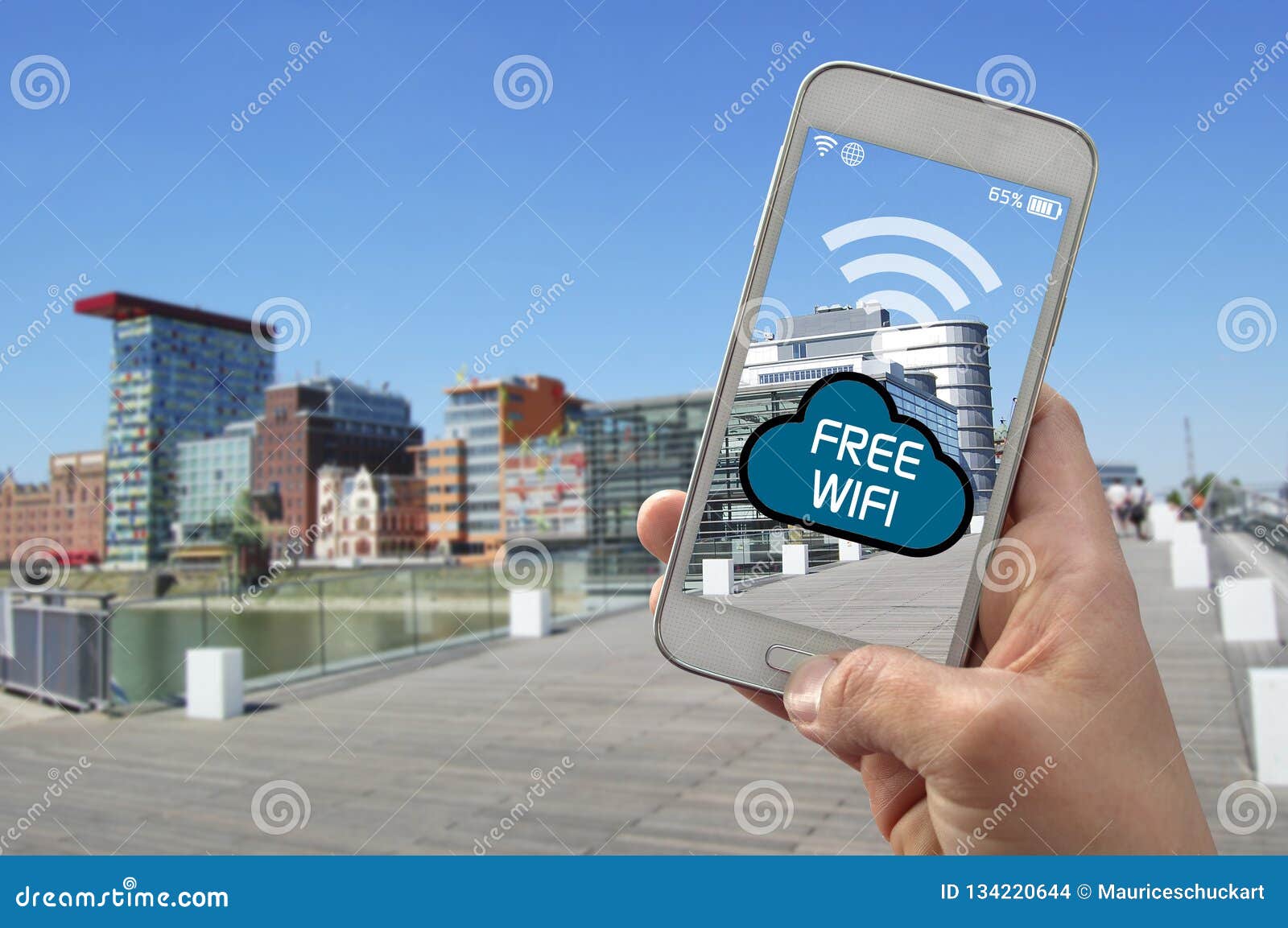 User with Smartphone is Using Free Wifi Stock Photo - Image of phone ...