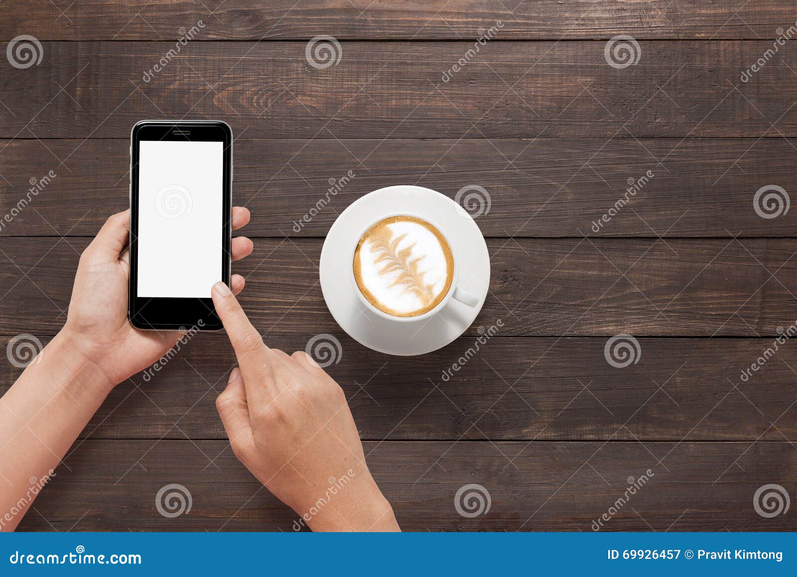 Using Smartphone beside of Coffee on Wooden Table Stock Image - Image ...