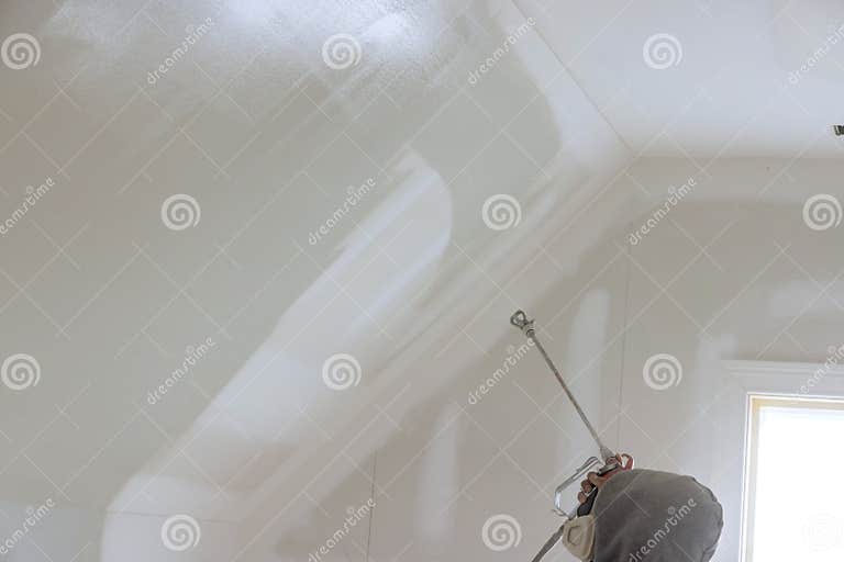 Using a Spray Gun and a Primer, the Worker Paints the Walls and ...