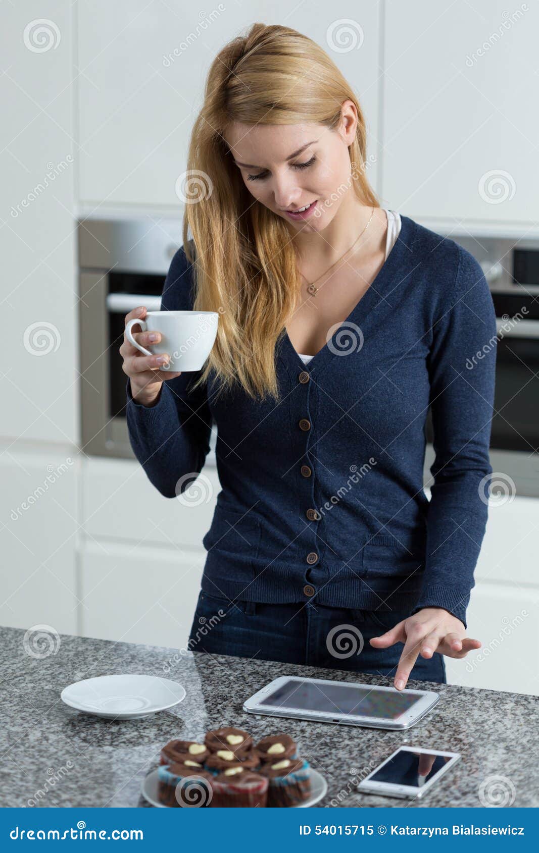 Using Tablet during Drinking Coffee Stock Image - Image of mobile ...