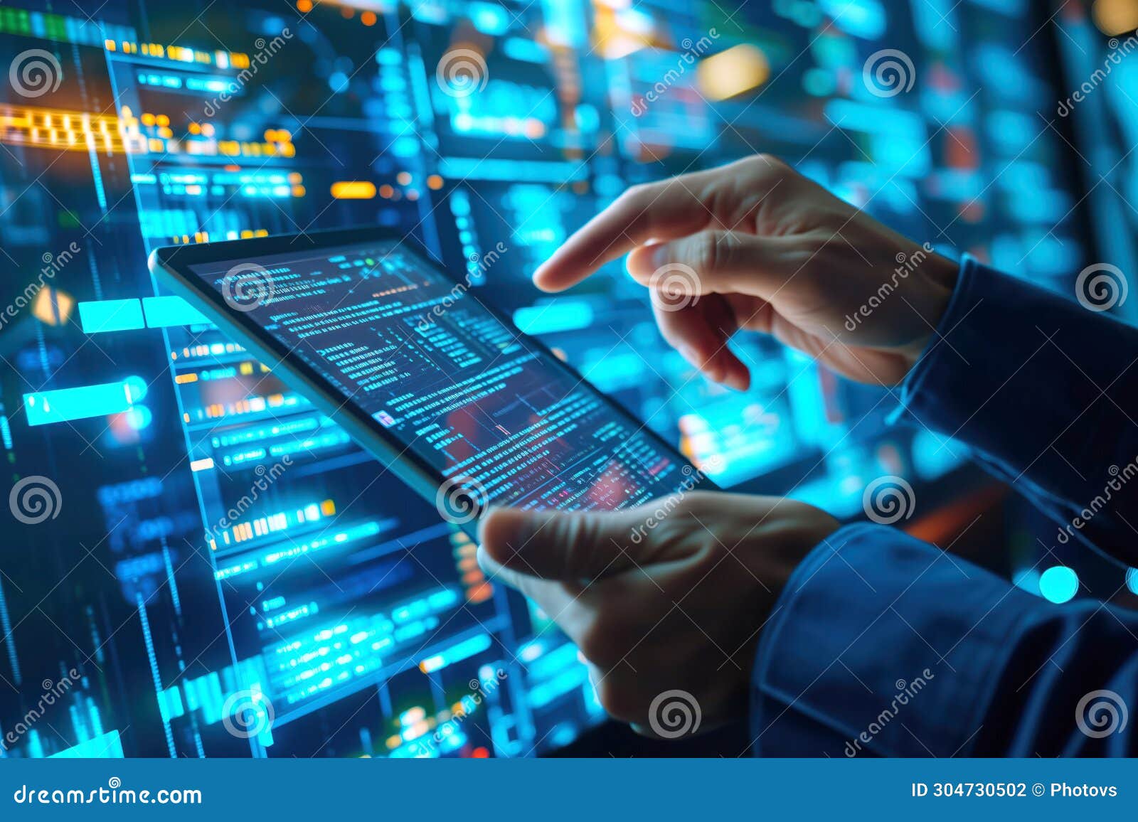 Using a Tablet, a Man Configures Servers in a Data Center Stock Photo ...