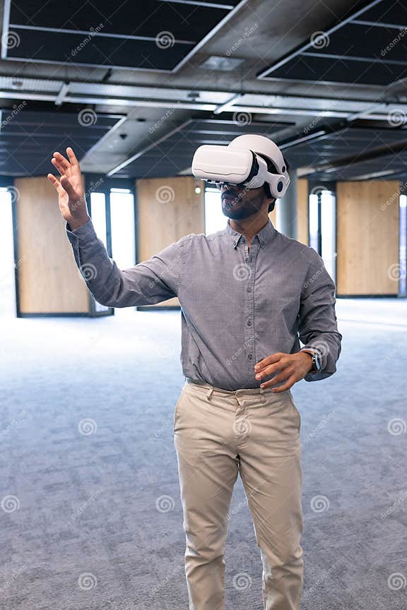 Using VR Headset, Man Interacting with Virtual Environment in Modern ...