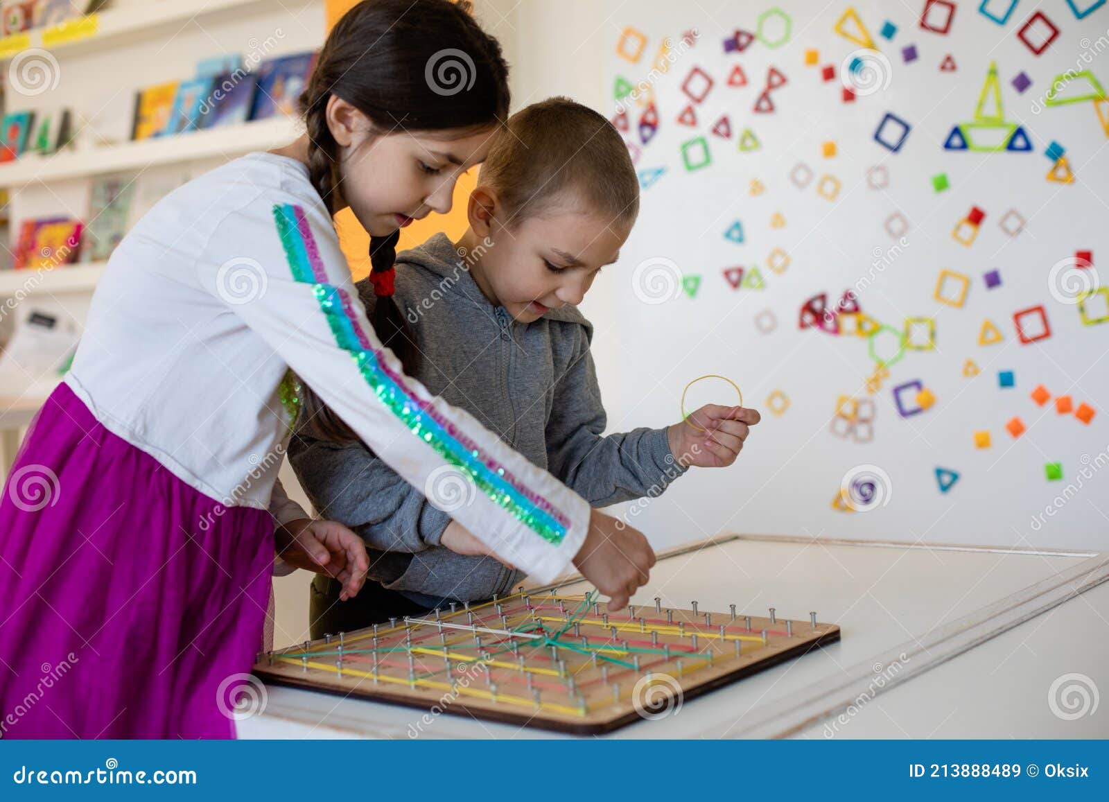 Using Wooden Geoboard at Primary School Classroom Stock Image - Image ...