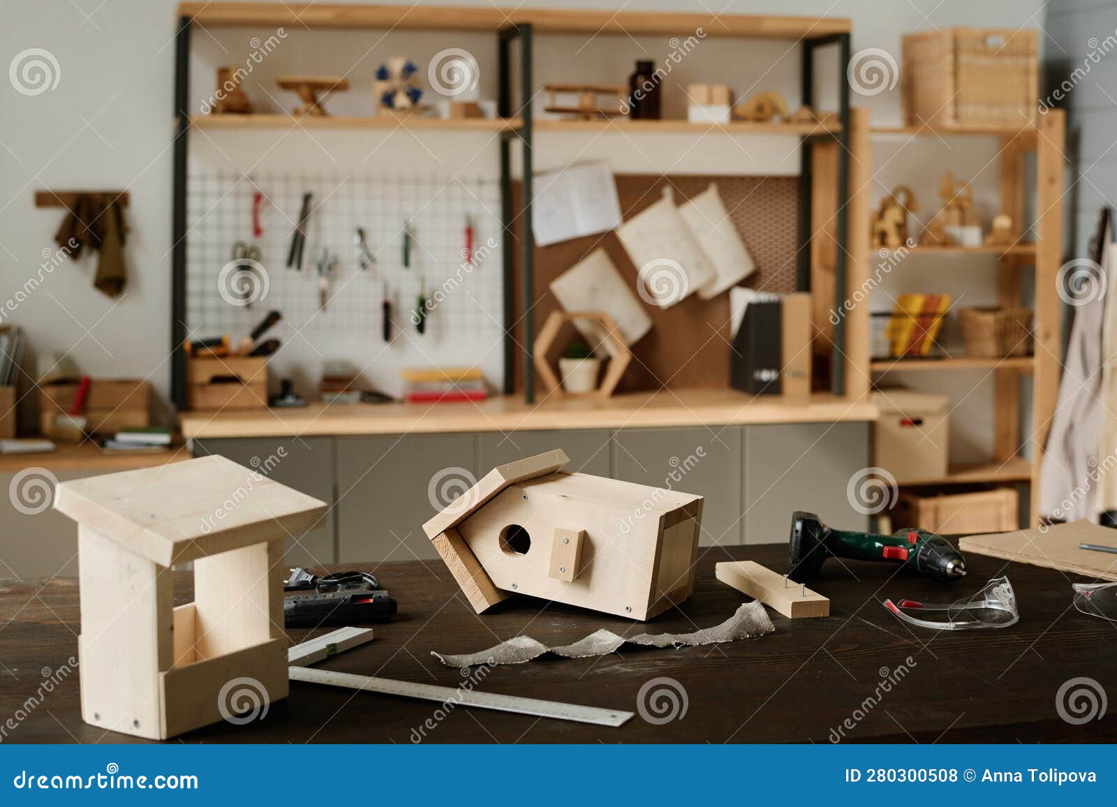 Using Work Tools To Build Birdhouse Stock Photo - Image of workshop ...