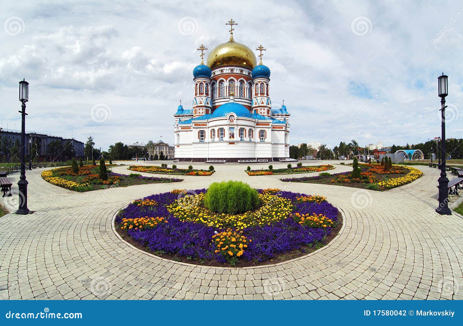 Uspensky Cathedral in Omsk, Russia Stock Photo - Image of grass, green ...