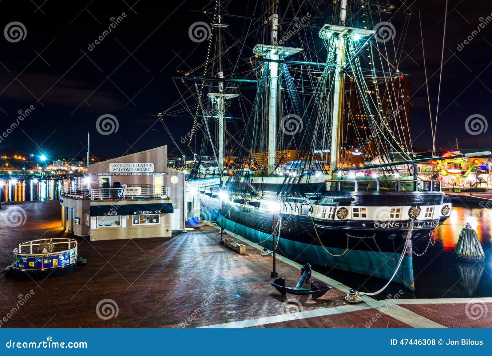The USS Constellation at Night, in the Inner Harbor of Baltimore ...