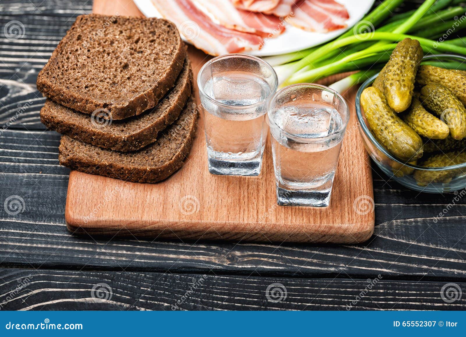 Ussian Vodka with Traditional Black Bread and Pickles Stock Image ...