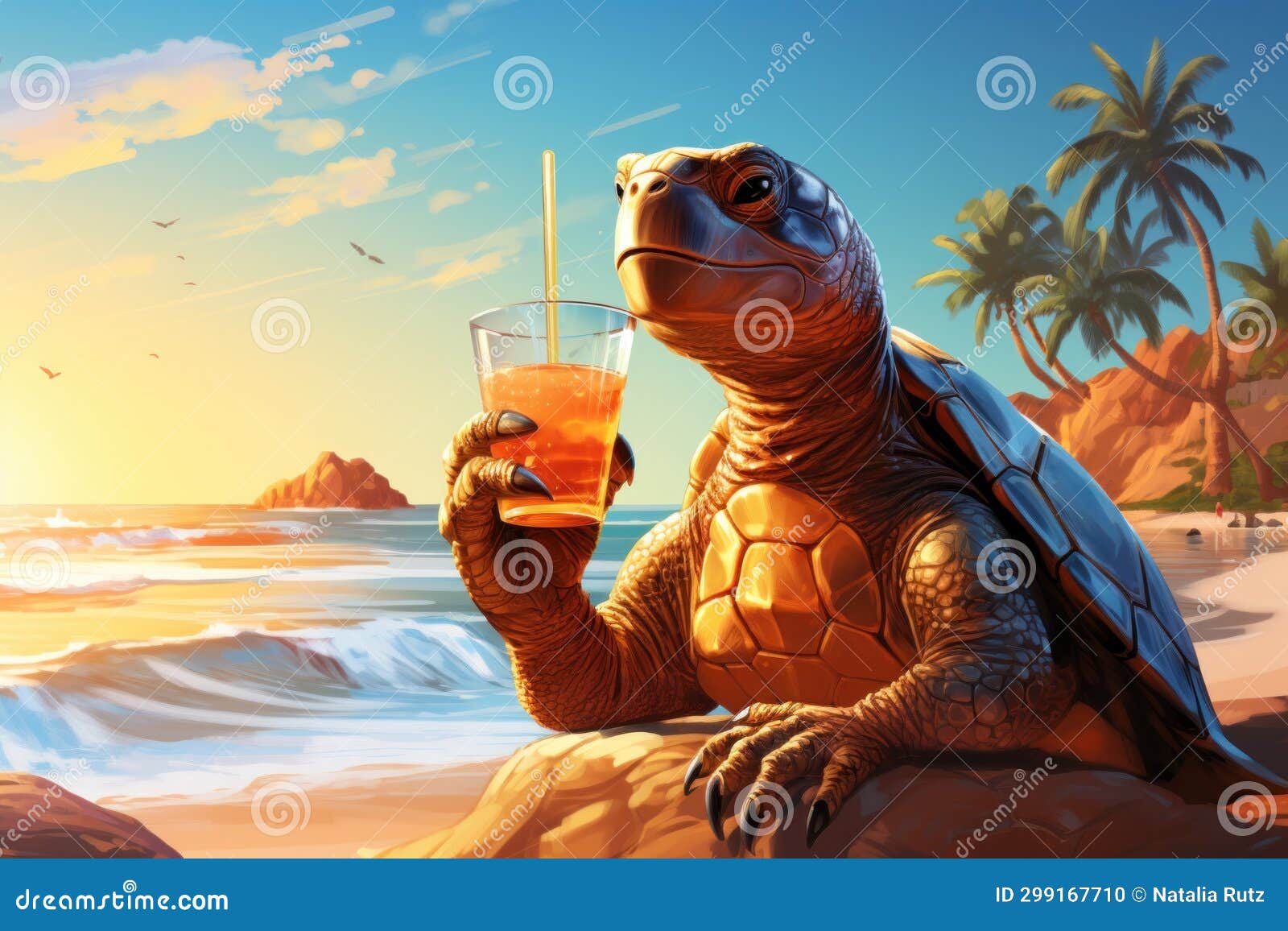 Relaxed Turtle Enjoying a Refreshing Drink Stock Illustration ...