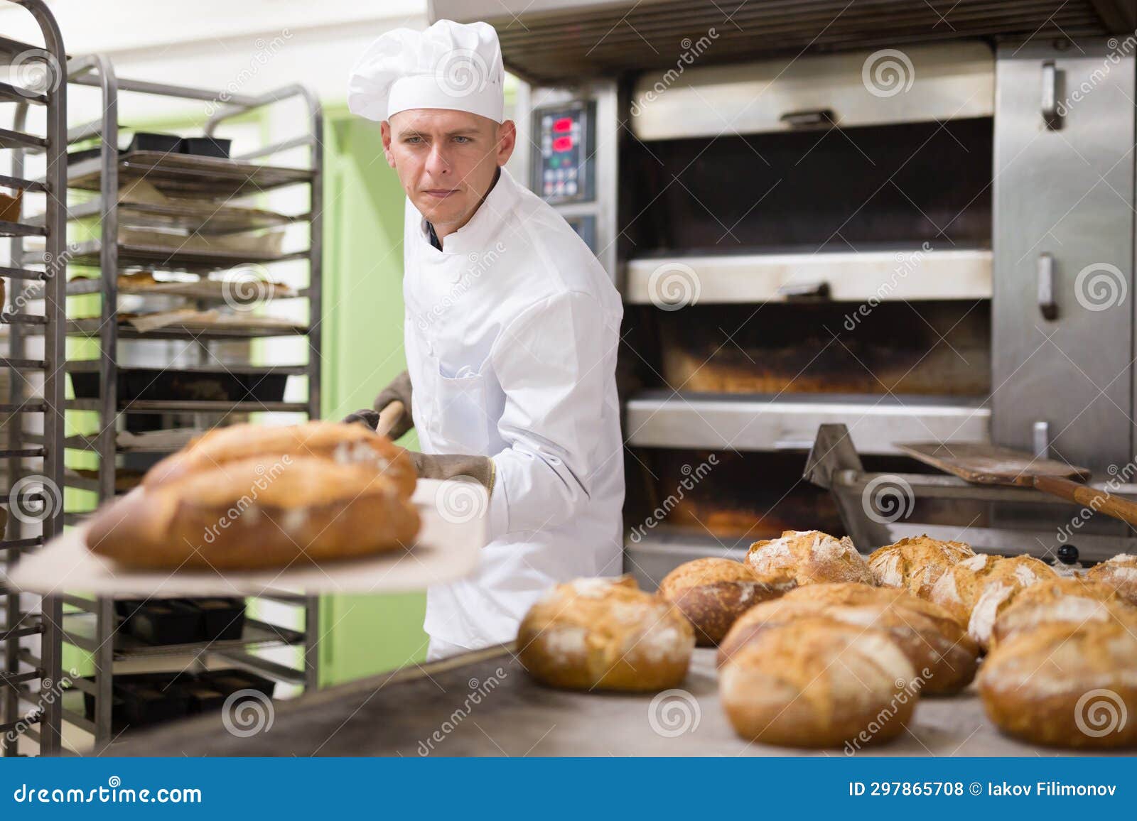 Usual Work of Baker in Bakery Stock Photo - Image of produce, rack ...
