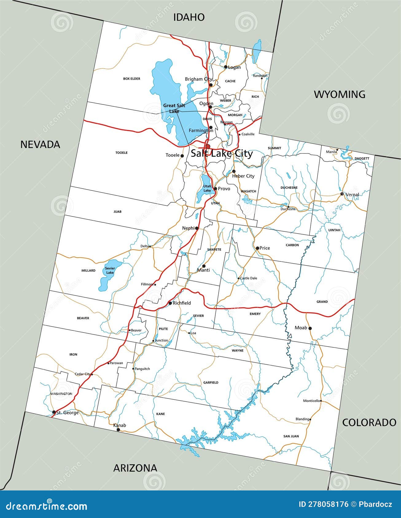 Detailed Utah Road Map with Labeling. Stock Vector - Illustration of ...