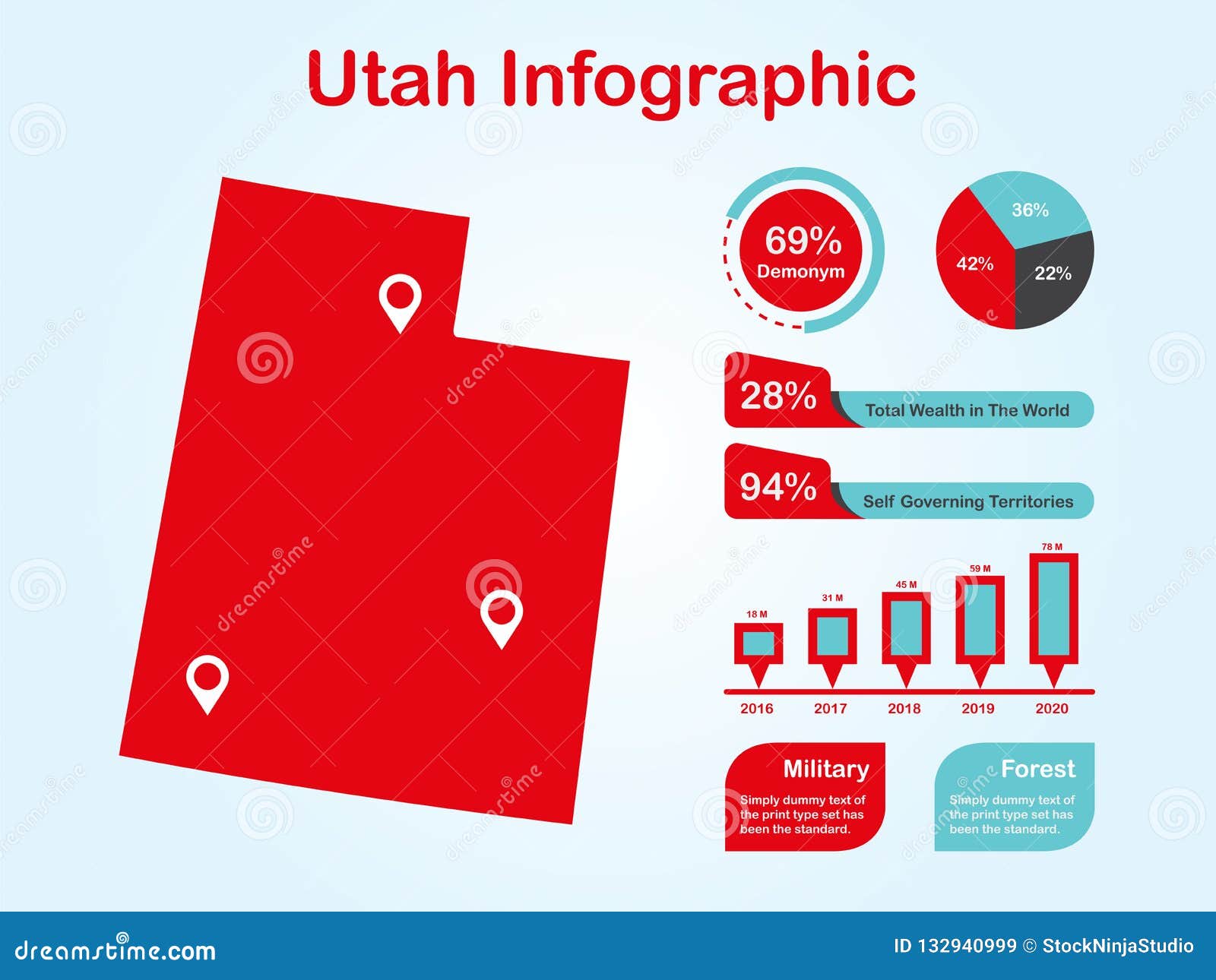 Utah State USA Map with Set of Infographic Elements in Red Color in ...