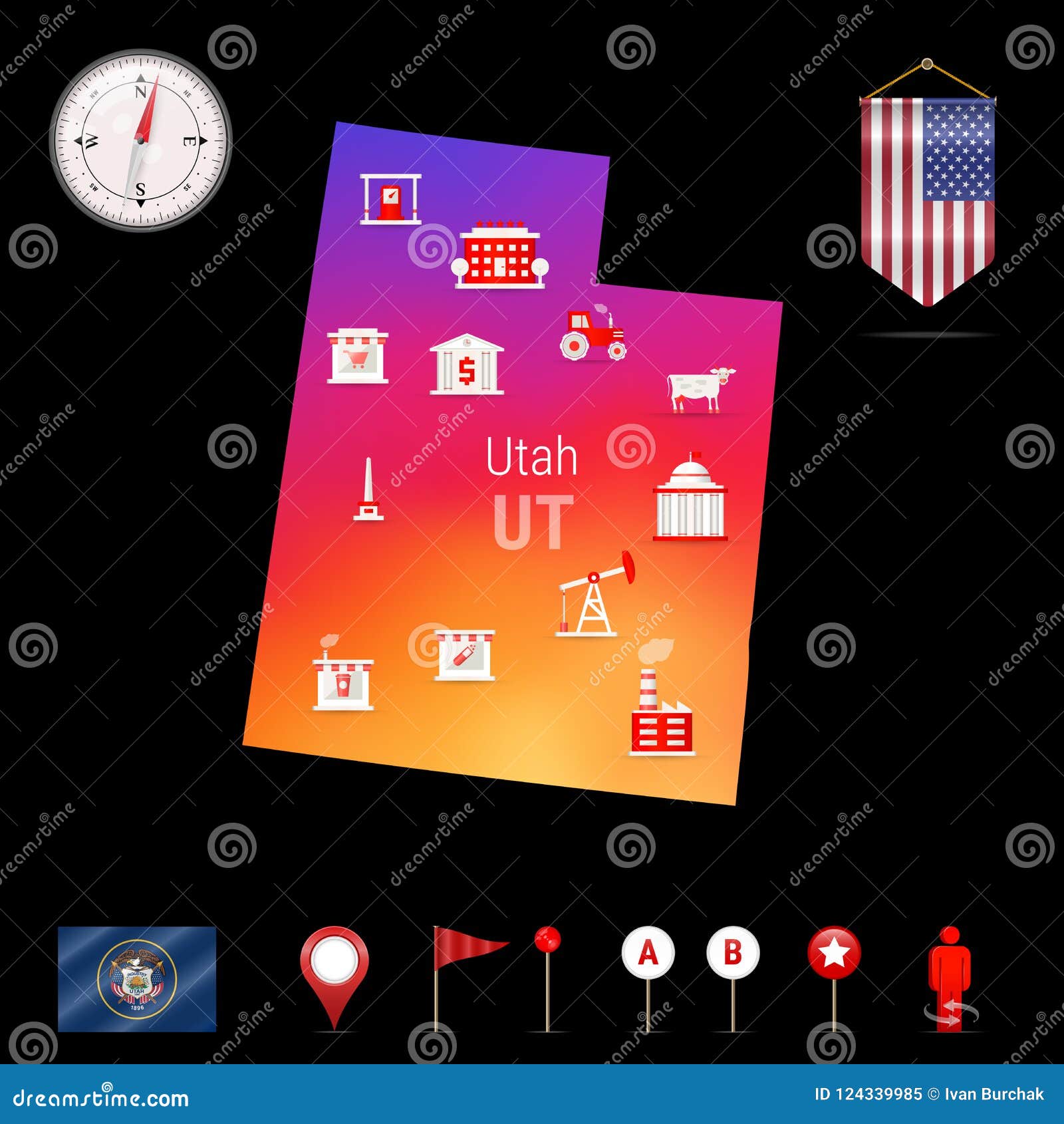 Utah Vector Map, Night View. Compass Icon, Map Navigation Elements ...