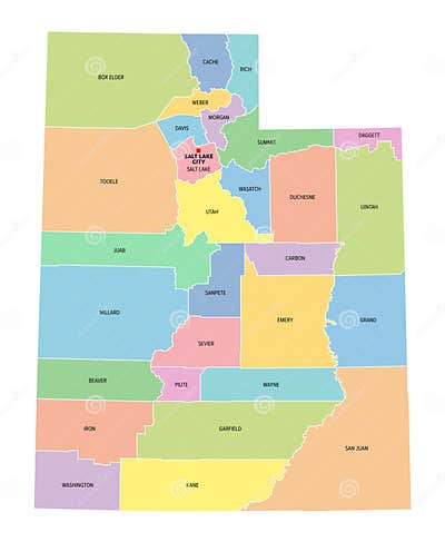 Utah, U.S. State, Subdivided into 29 Counties, Multi Colored Map Stock ...