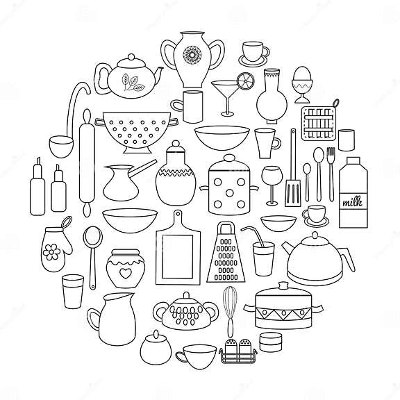 Kitchen Doodles Utensils, Kitchenware, Table Ware Set. Colouring Page ...