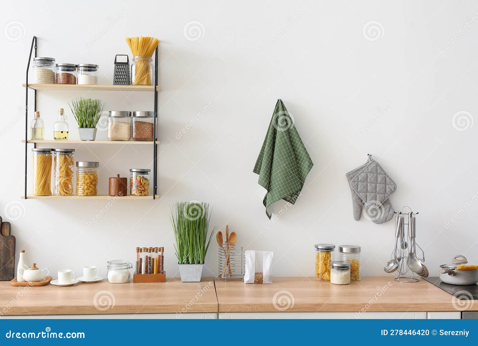 Utensils with Products on Counter in Kitchen Stock Photo - Image of ...