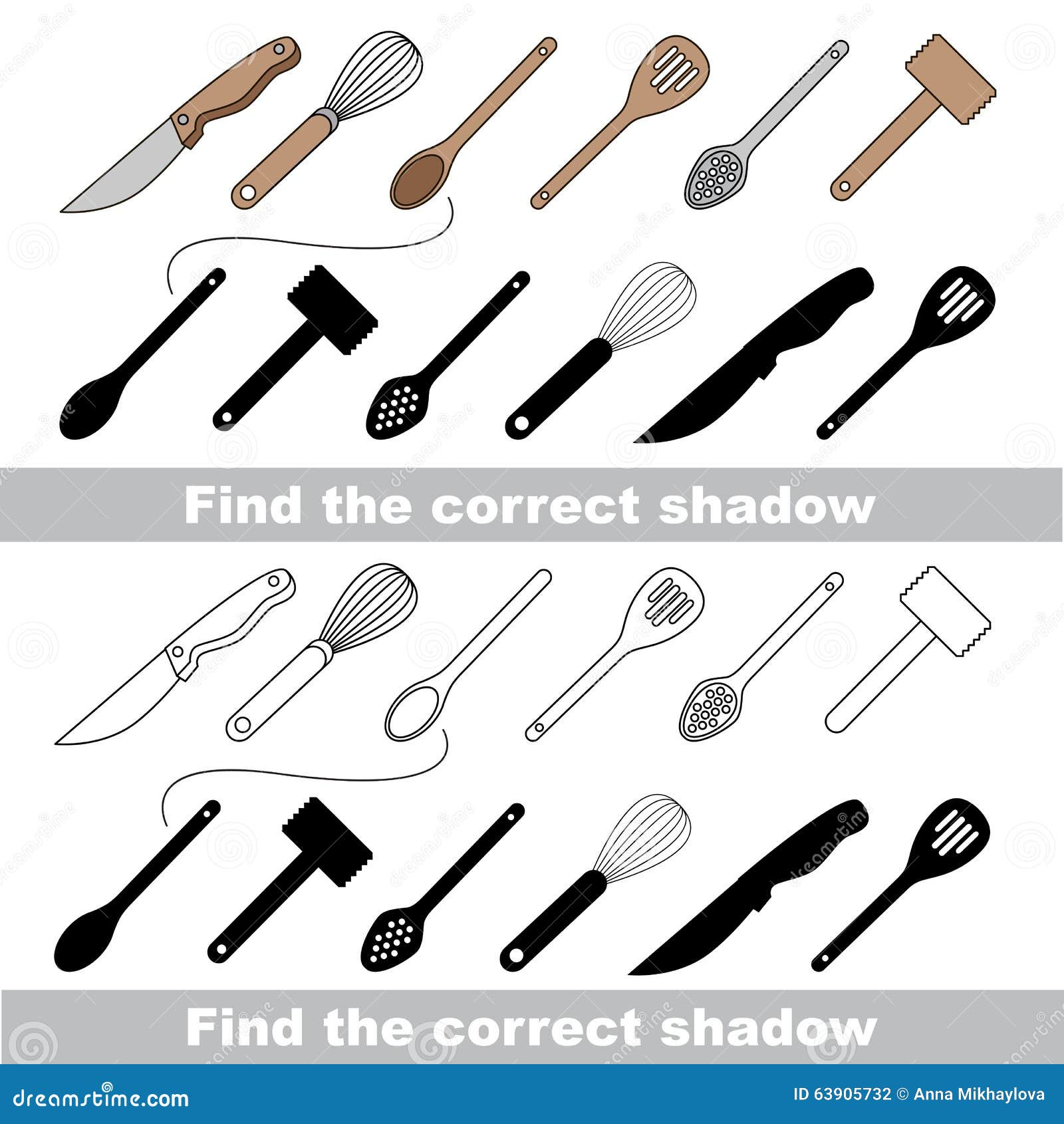 Utensils Set. Find Correct Shadow. Stock Vector - Illustration of play ...