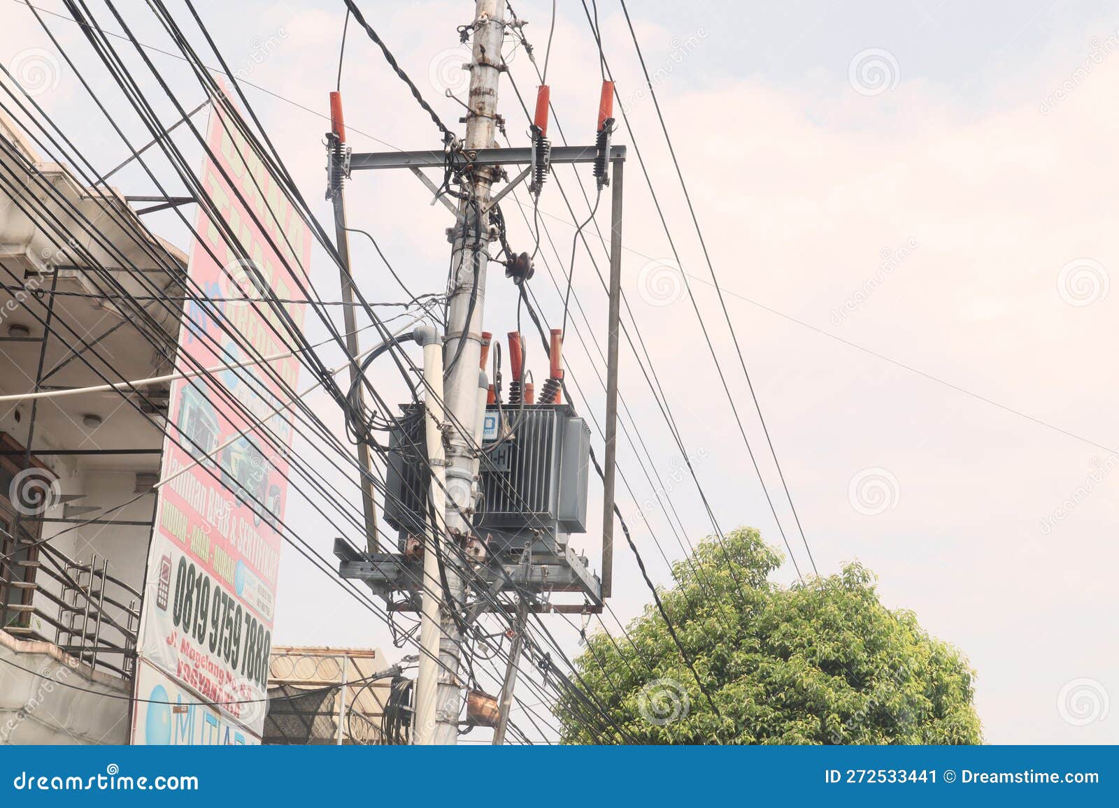 Utility Poll with High Voltage Electrical Line on Sky Background Stock ...