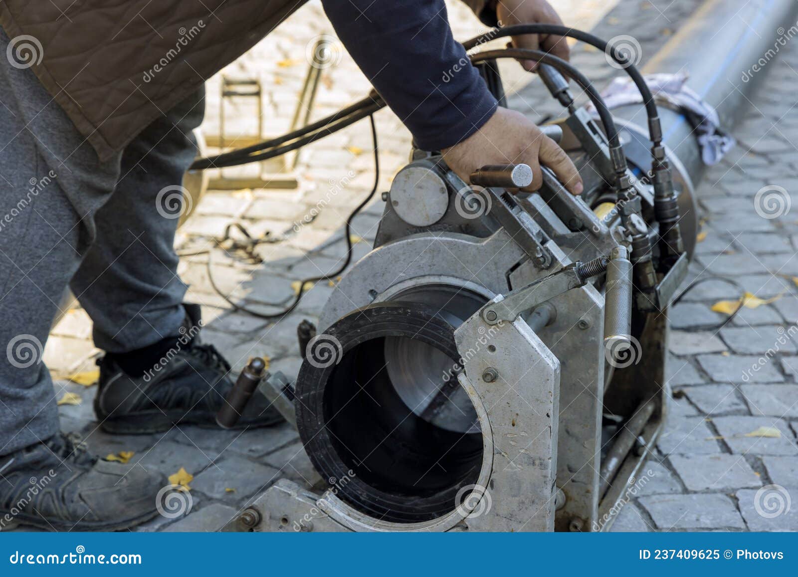 Utility Workers at Connect HDPE Pipe in Construction Site Stock Image ...