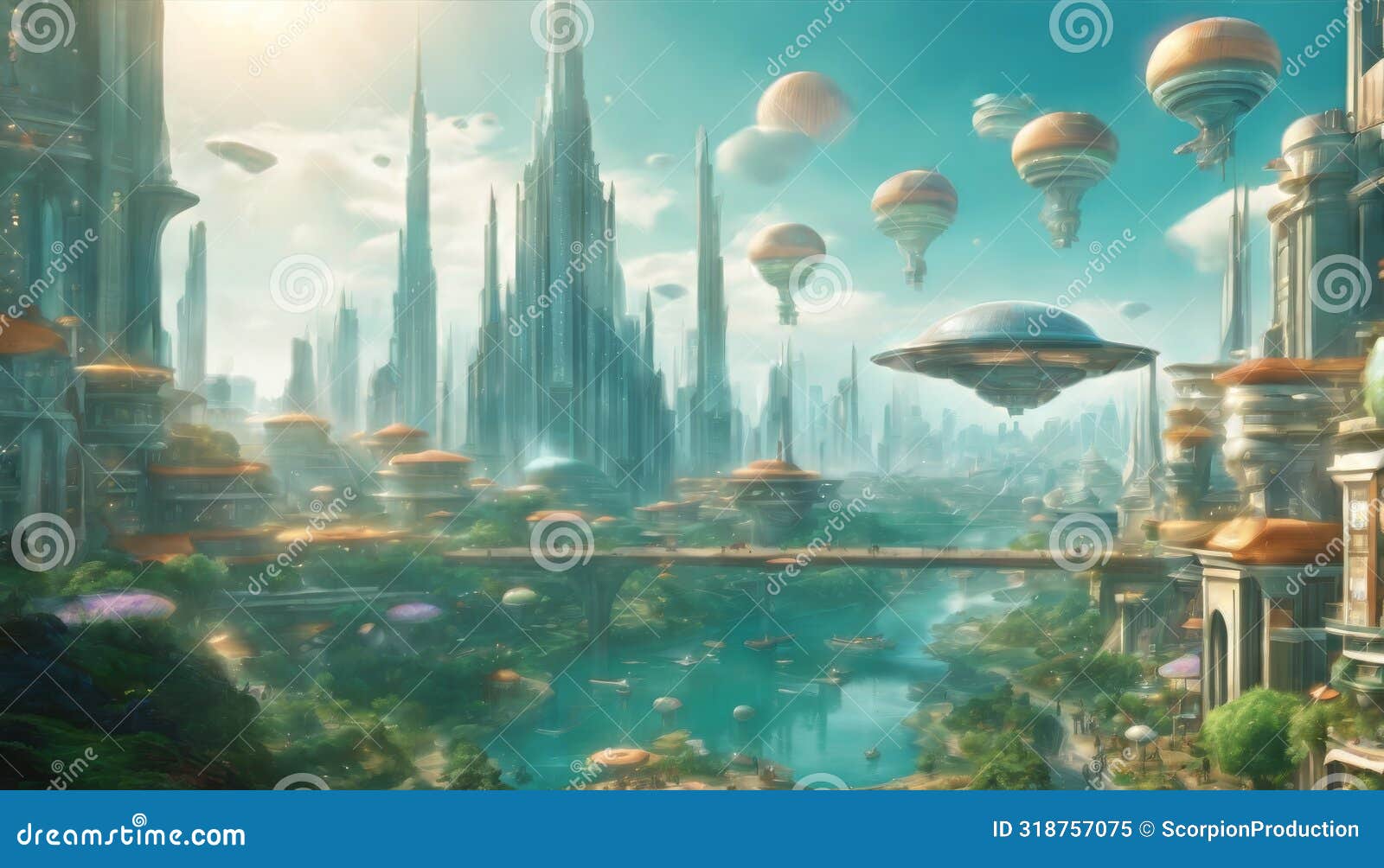 Utopian Cityscape with Floating Structures Stock Image - Image of ...