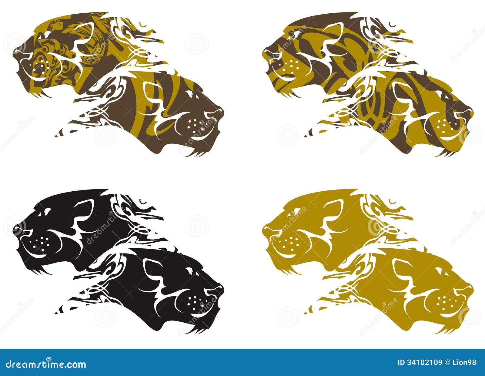 Utsmyckade Lejon- Och Tigerhuvud Vektor Illustrationer - Illustration ...