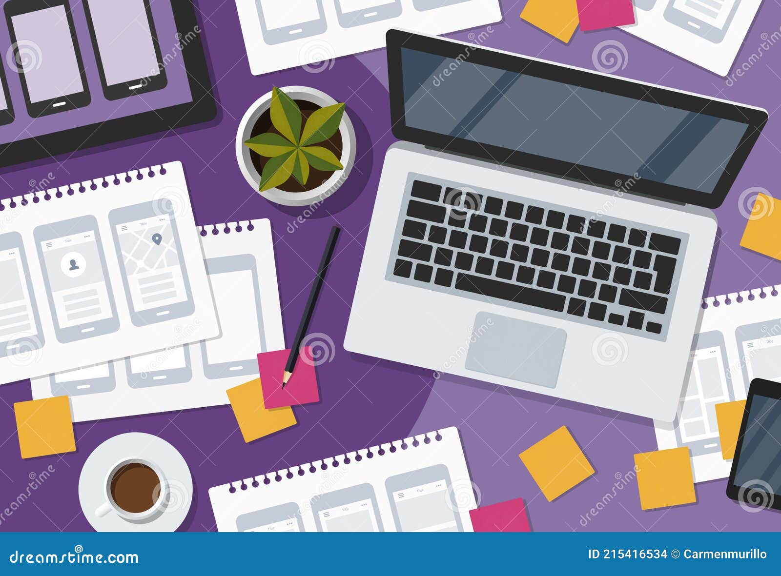 UX Designer Desk with Mobile App Wireframes Stock Illustration ...