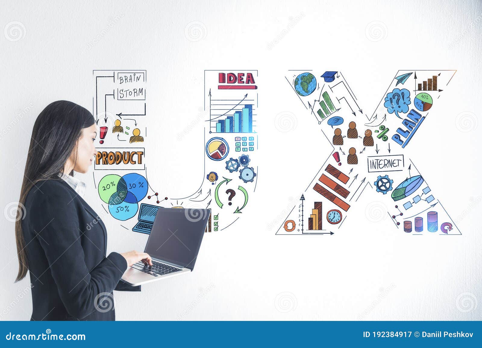 UX Designer Using Laptop and Drawing User Experience Plan Editorial ...