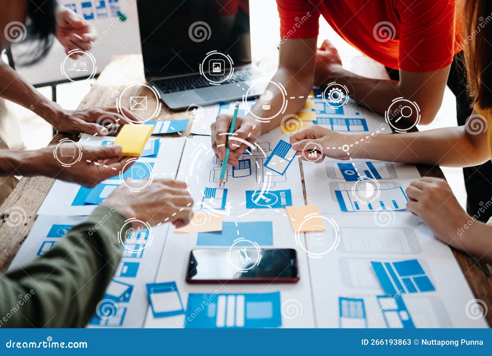 UX Developer and Ui Designer Brainstorming about Mobile App Interface Wireframe Design with ...