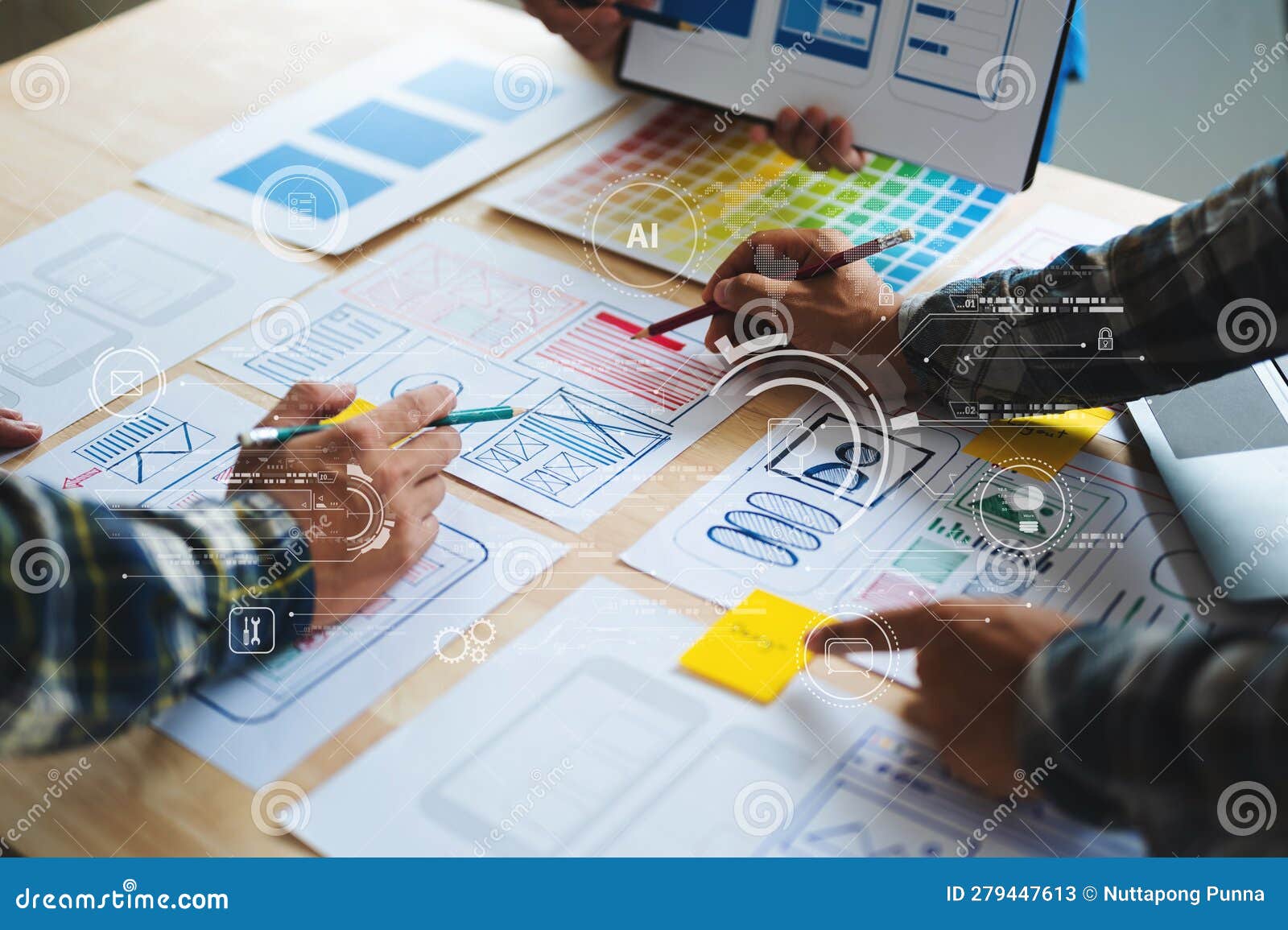 Ux Developer And Ui Designer Brainstorming About Mobile App Interface Wireframe Design With