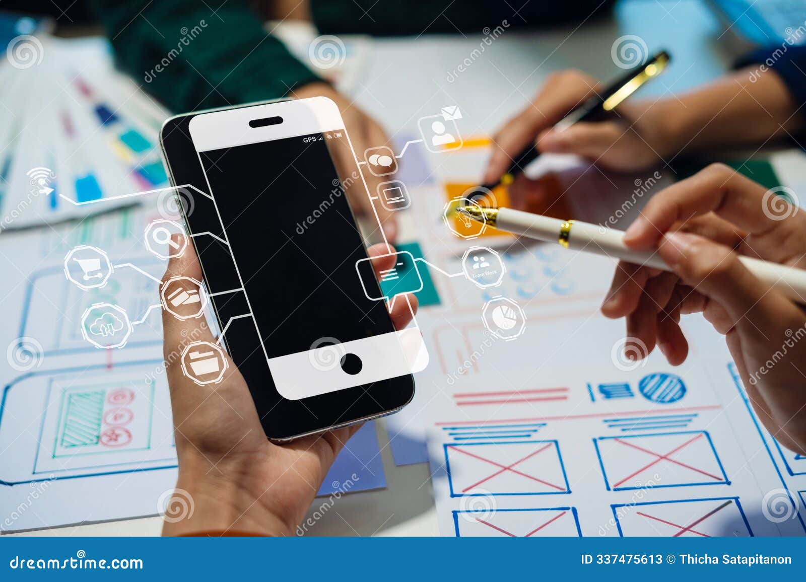 Ux Developer And Ui Designer Brainstorming About Mobile App Interface Wireframe Design With