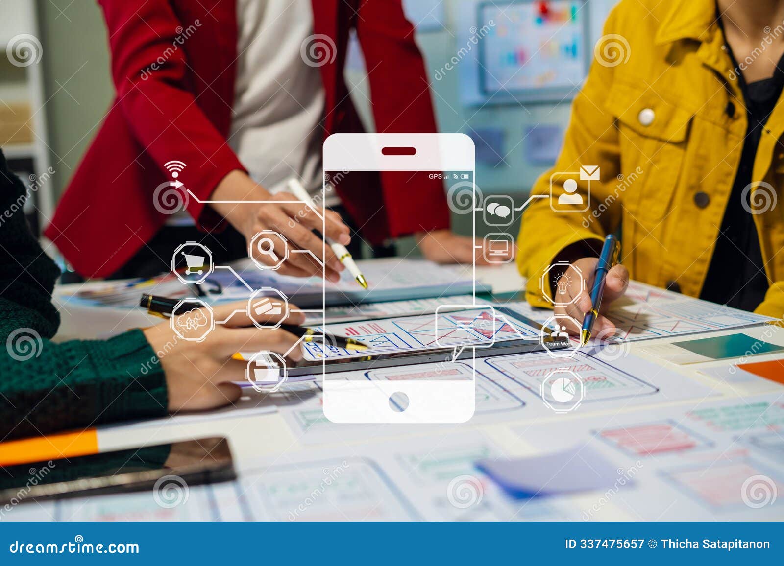 Ux Developer And Ui Designer Brainstorming About Mobile App Interface Wireframe Design With