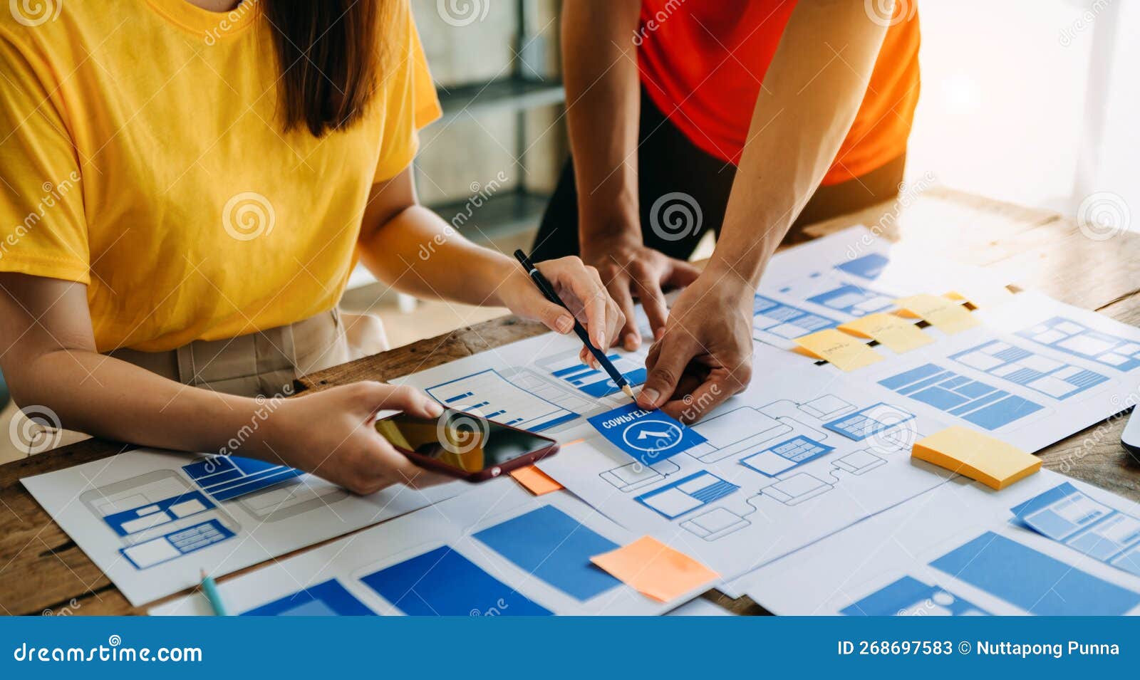 Ux Developer And Ui Designer Brainstorming About Mobile App Interface Wireframe Design With