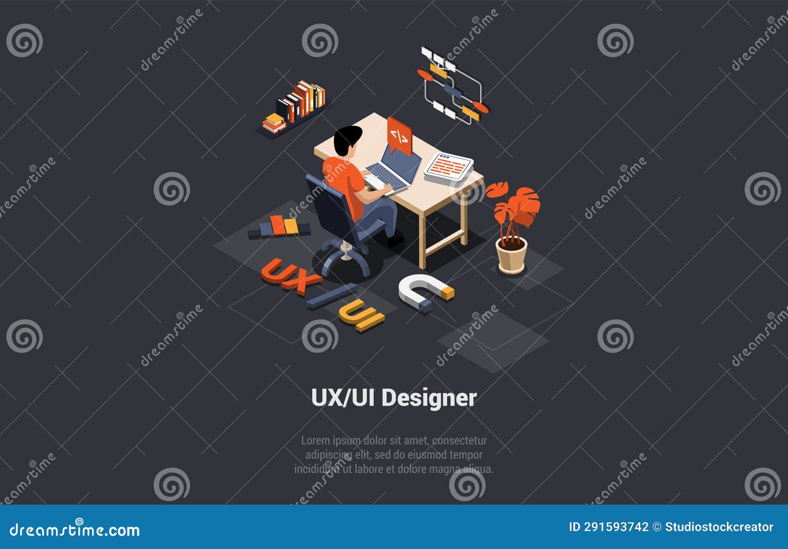 UX UI Design. Digital Arts, Typeface, Icons Concept. UX UI Designer in Office Stock Illustration ...