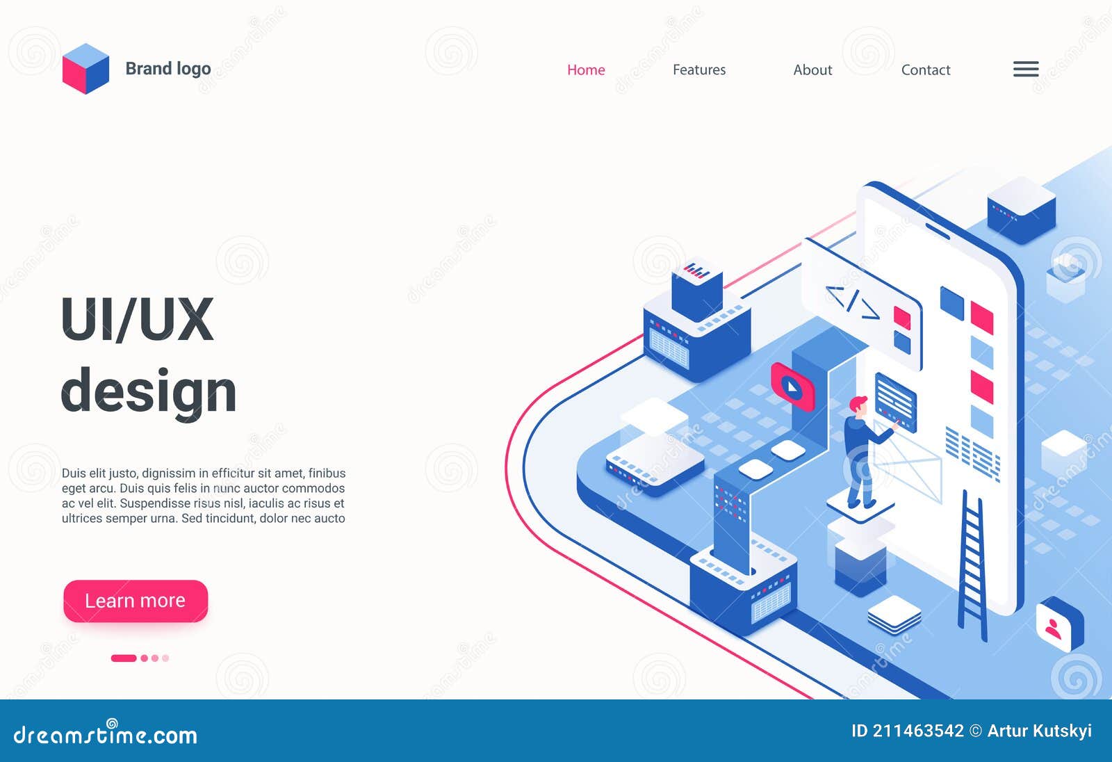 Ux Ui Design Isometric Landing Page Coder Programmer Developer Create Website Code Stock Vector