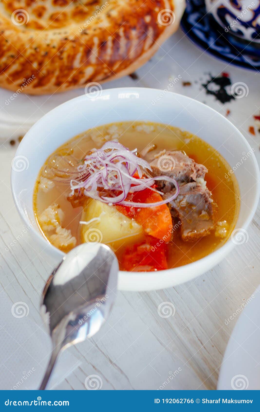 Uzbek Chorba - Soup from Fresh Meat and Vegetables on White Table ...