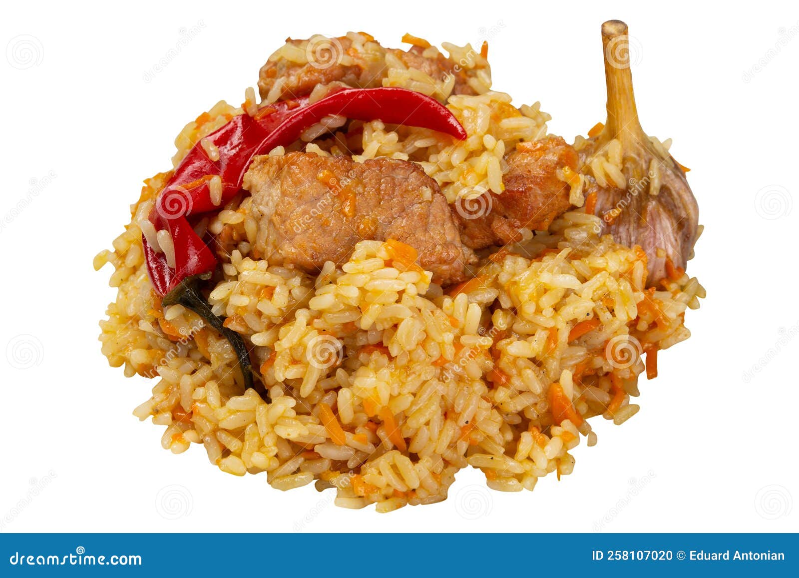 Uzbek Pilaf with Meat and Garlic, a Portion of Pilaf on a White ...