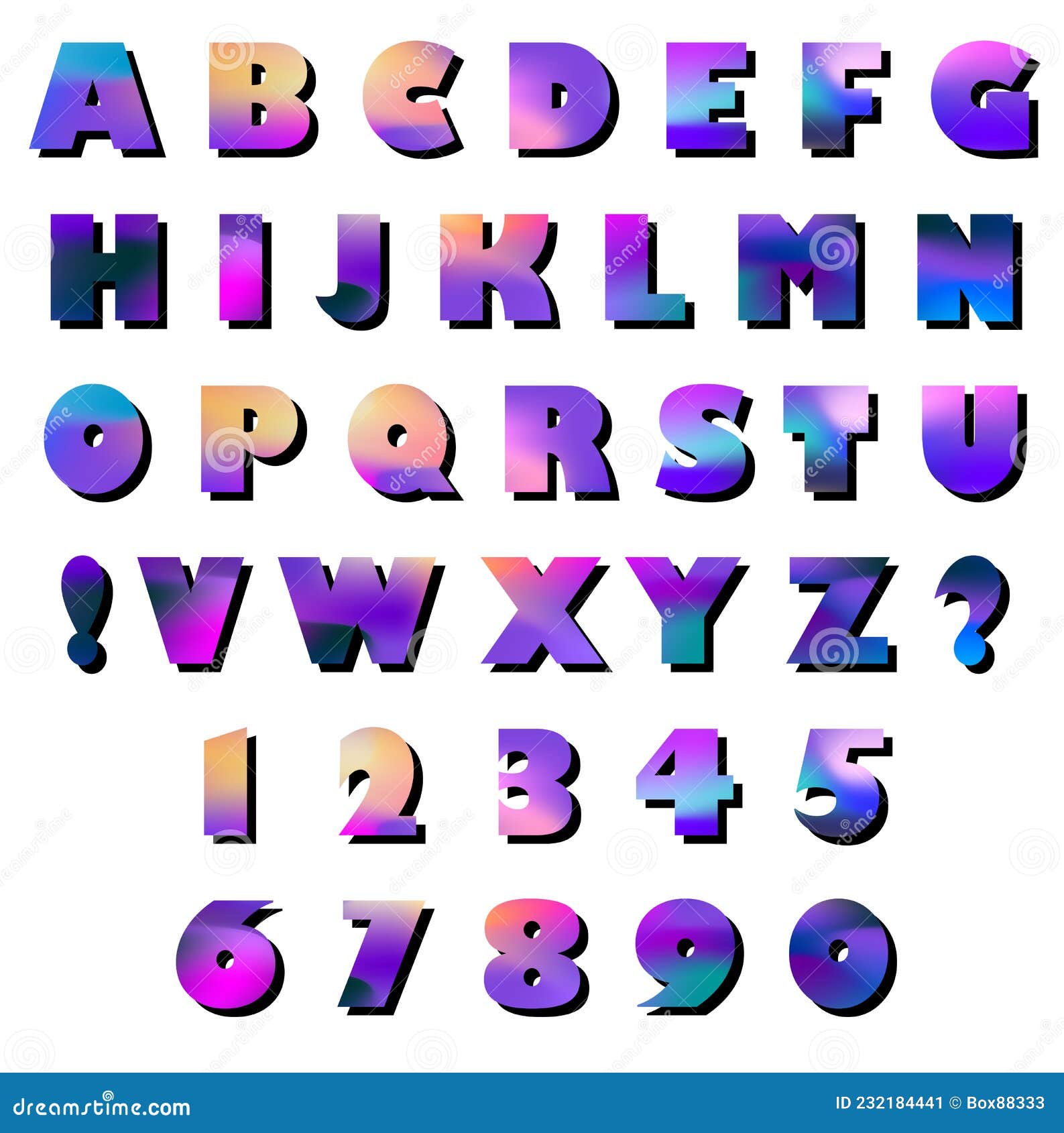 Latin Capital Letters, Exclamation, Question Marks and Numbers: 1, 2, 3 ...