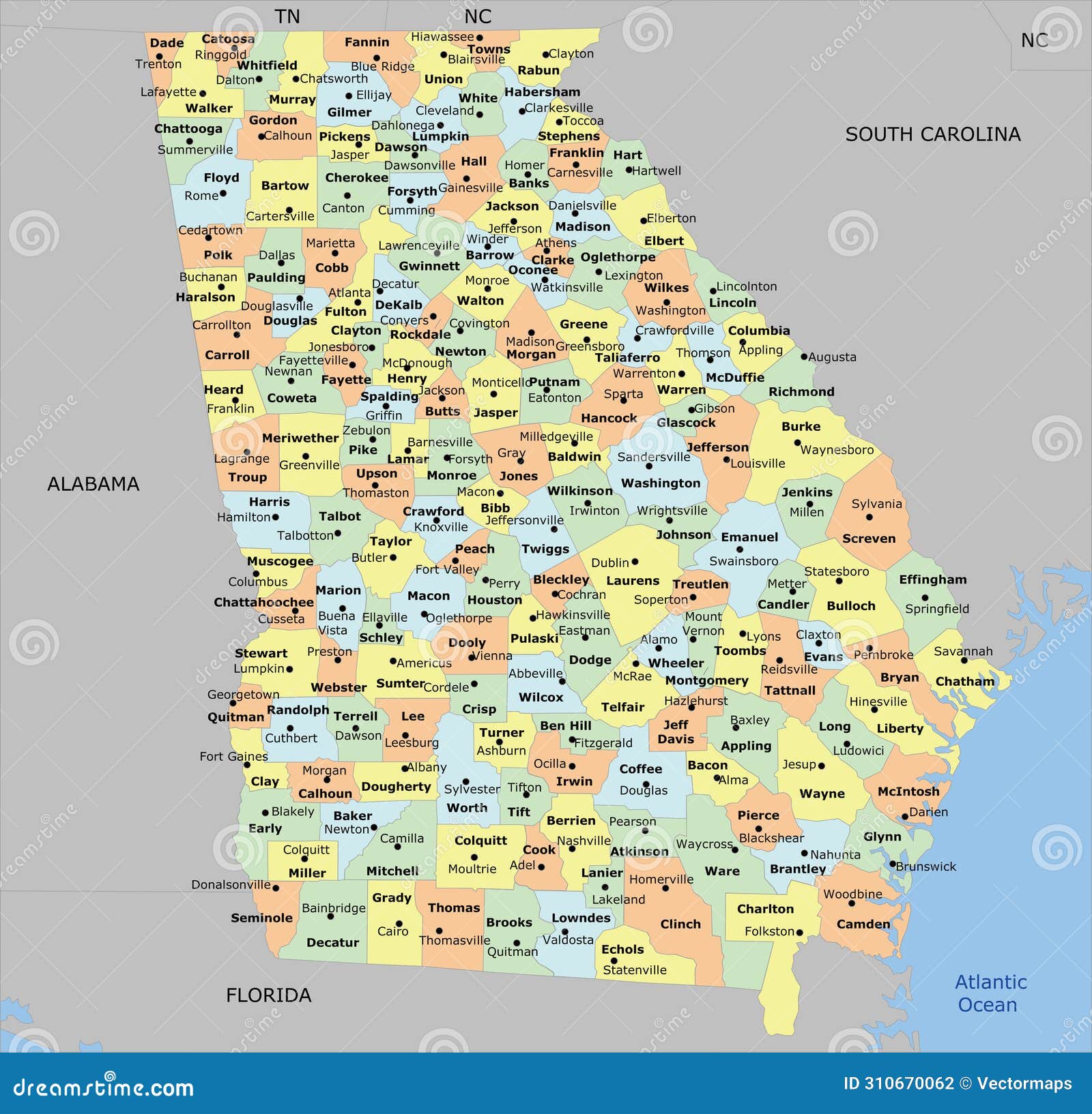 Georgia County Map with 159 Counties Stock Vector - Illustration of ...