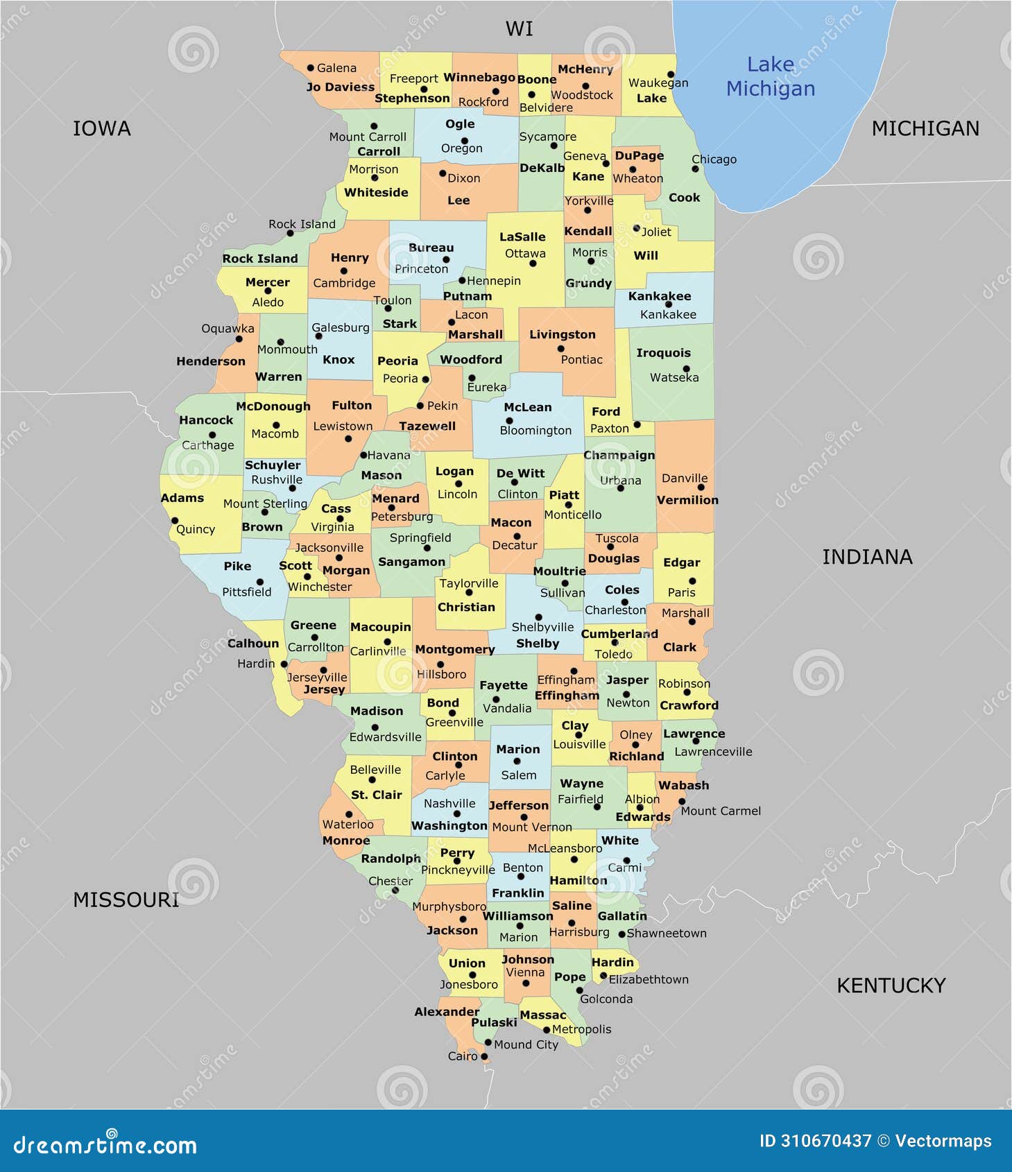 Illinois County Map with 102 Counties Stock Vector - Illustration of ...
