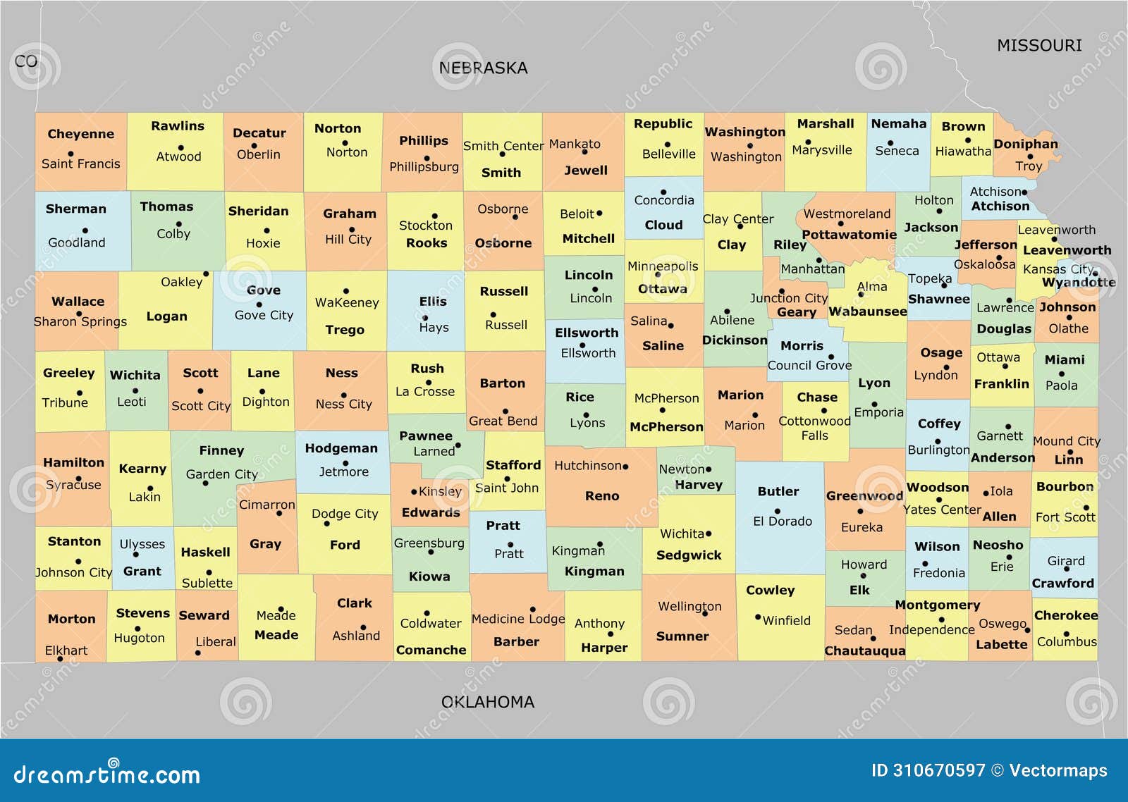 US Kansas County Map Cartoon Vector | CartoonDealer.com #280697191