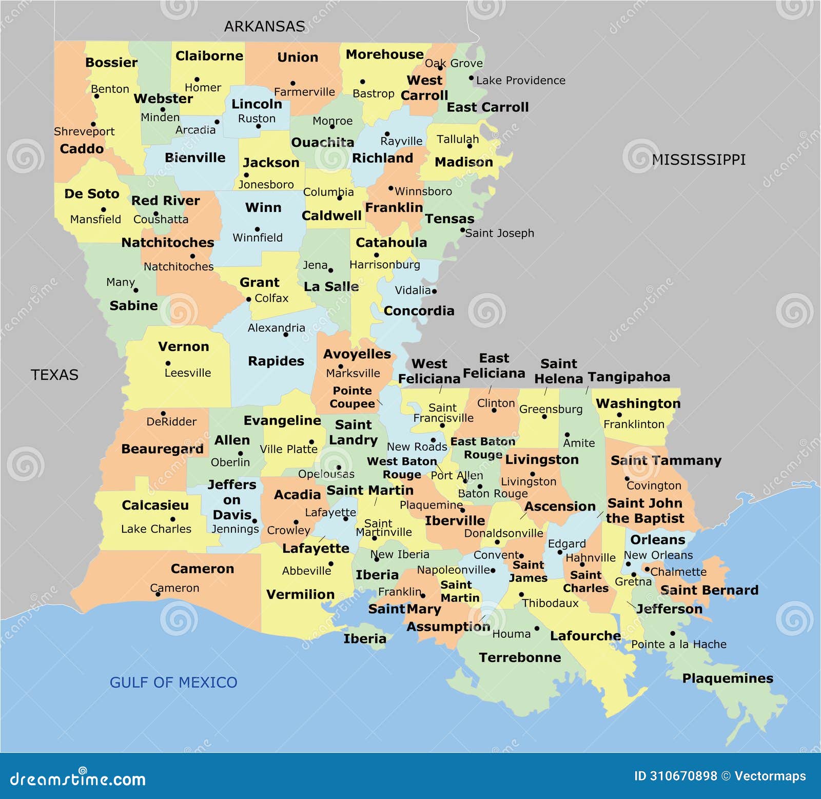 Louisiana County Map With 64 Parishes Vector Illustration ...