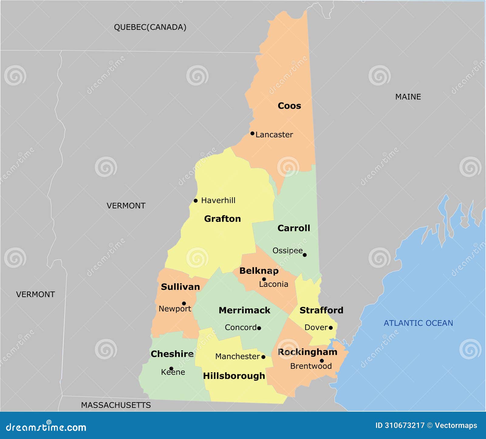 New Hampshire County Map With 10 Counties Cartoon Vector ...
