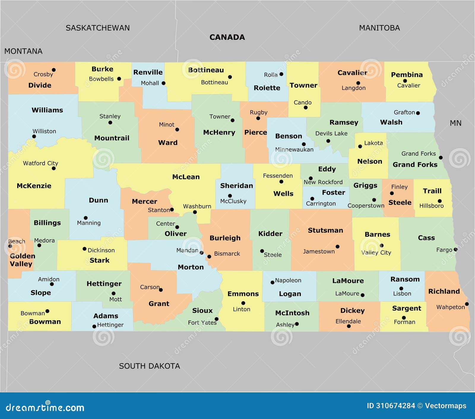 North Dakota County Map with 53 Counties Stock Vector - Illustration of ...