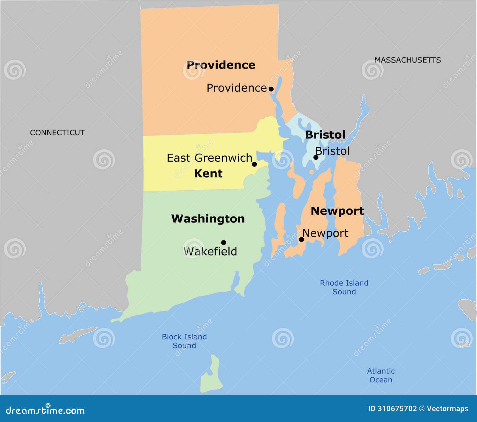 Rhode Island County Map with 5 Counties Stock Vector - Illustration of ...